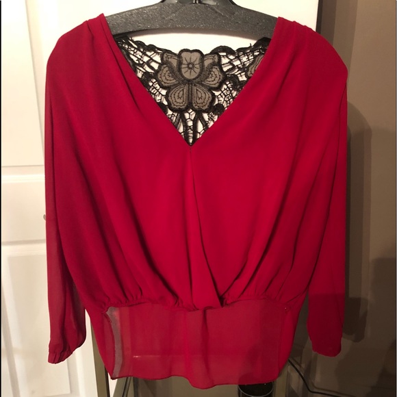 Tops | Red Shear Top Shorter In The Front Lace V Design | Poshmark